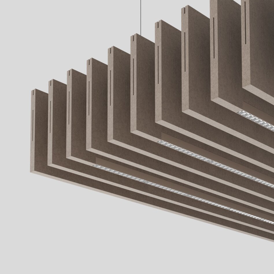 SIVERA 25 - Acoustic ceiling with baffles and integrated lighting