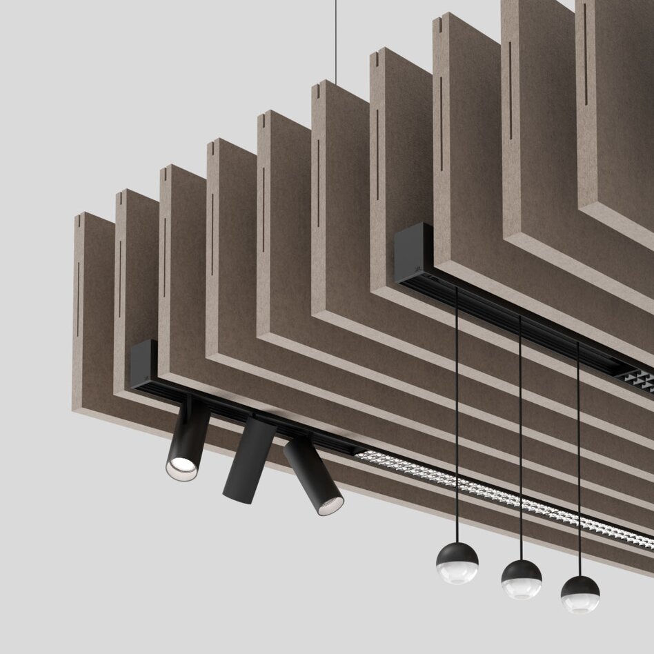SIVERA 25 - Acoustic ceiling with baffles and integrated lighting